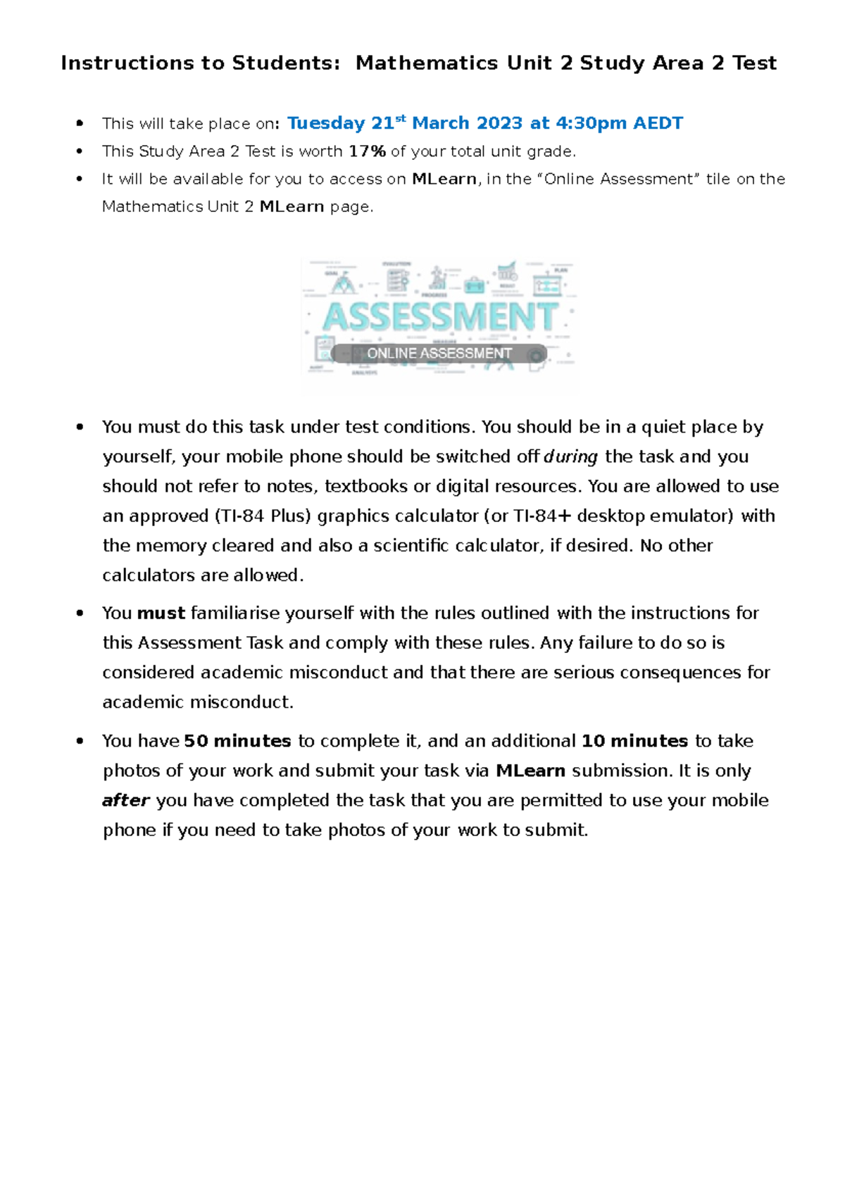 Instructions to Students Maths Unit 2 Study Area 2 Test Moodle ...