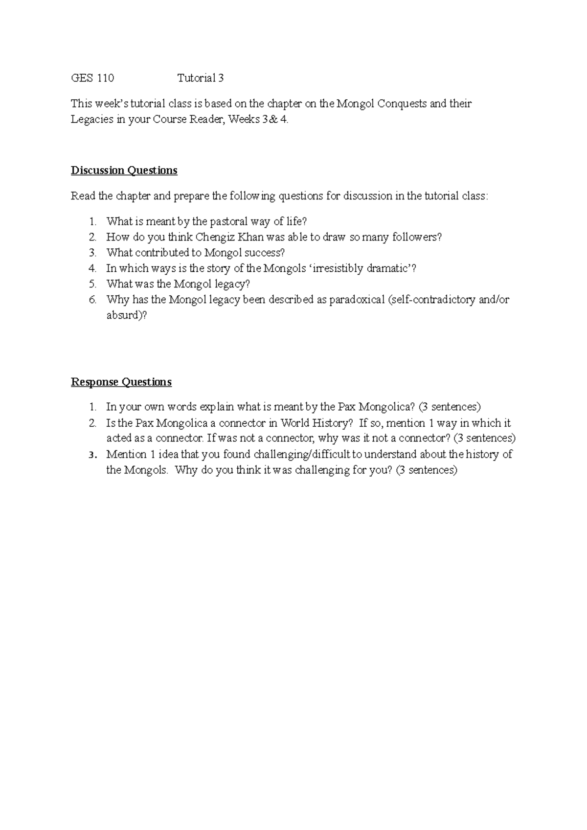 GES 110 Tutorial 3 Discussion and Response questions - GES 110 Tutorial 3 This week’s tutorial ...