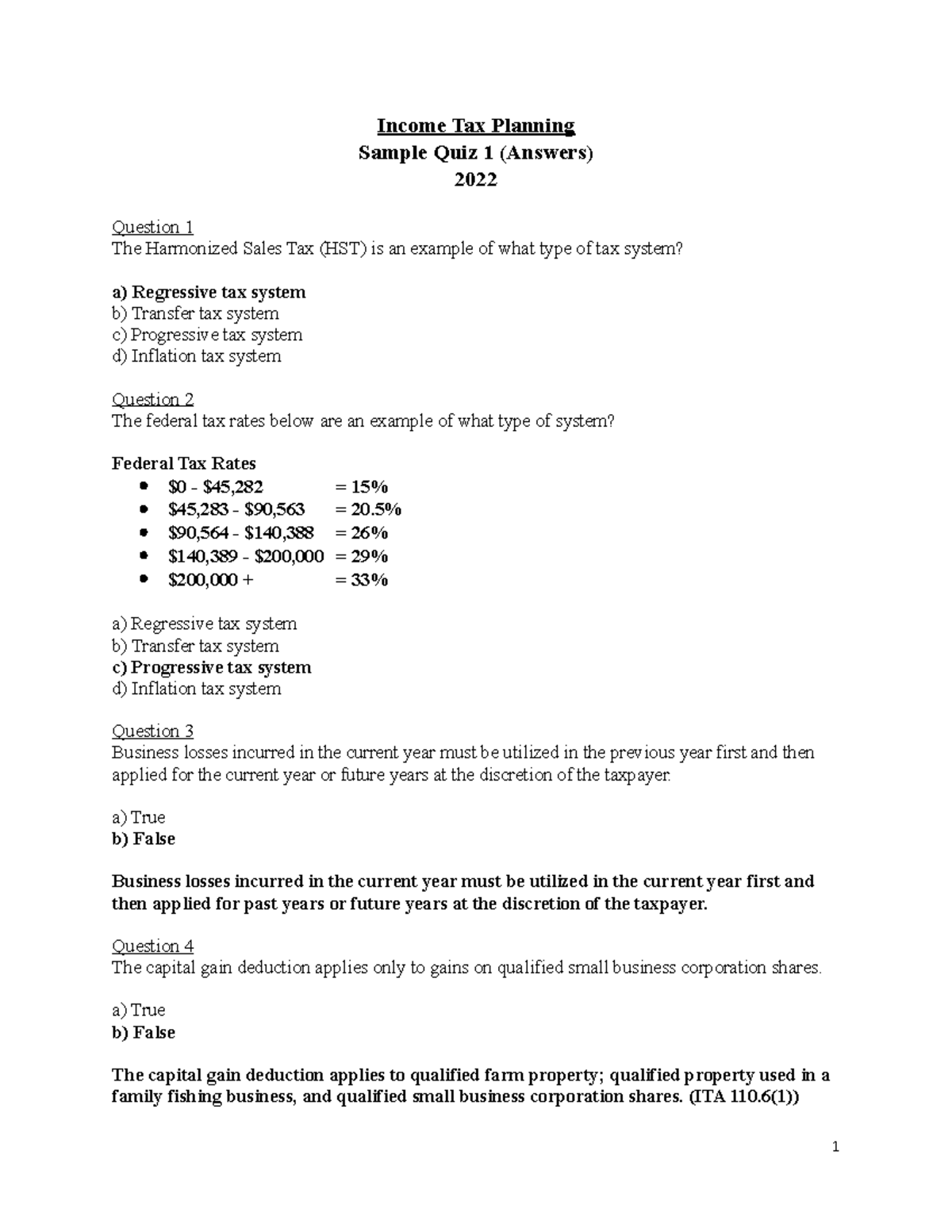 Income Tax Planning (FIN 2005 Sample Quiz 1 Answers) Winter 2022 ...