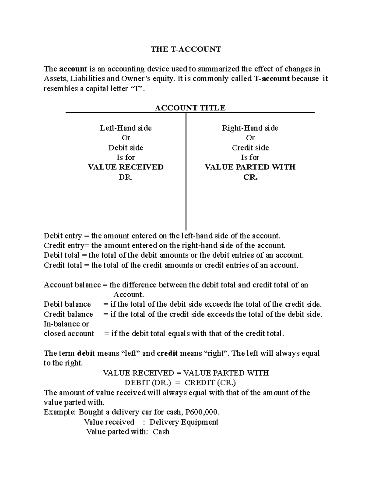 THE T-Account and the rules of debit and credit - THE T-ACCOUNT The ...