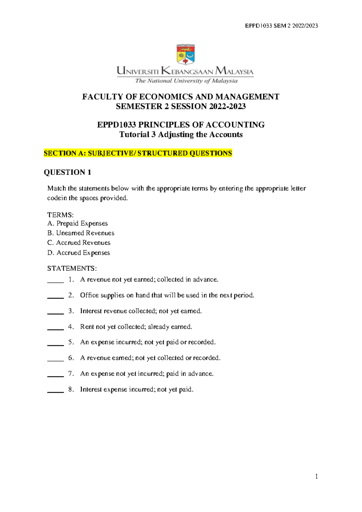 Tutorial 3 Adjusting the Accounts - FACULTY OF ECONOMICS AND MANAGEMENT ...