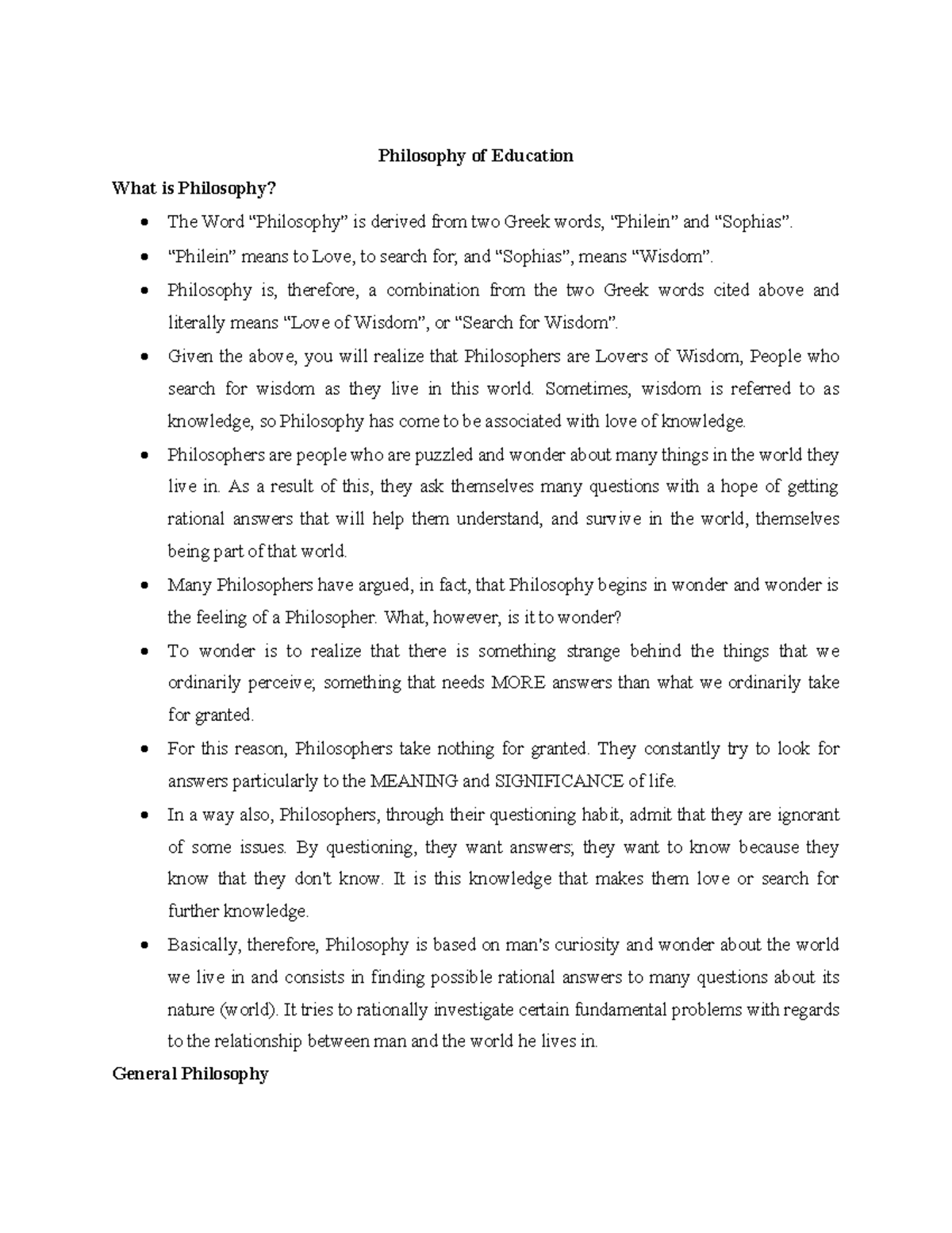 PHILOSOPHY NOTES Philosophy Of Education What Is Philosophy The Word