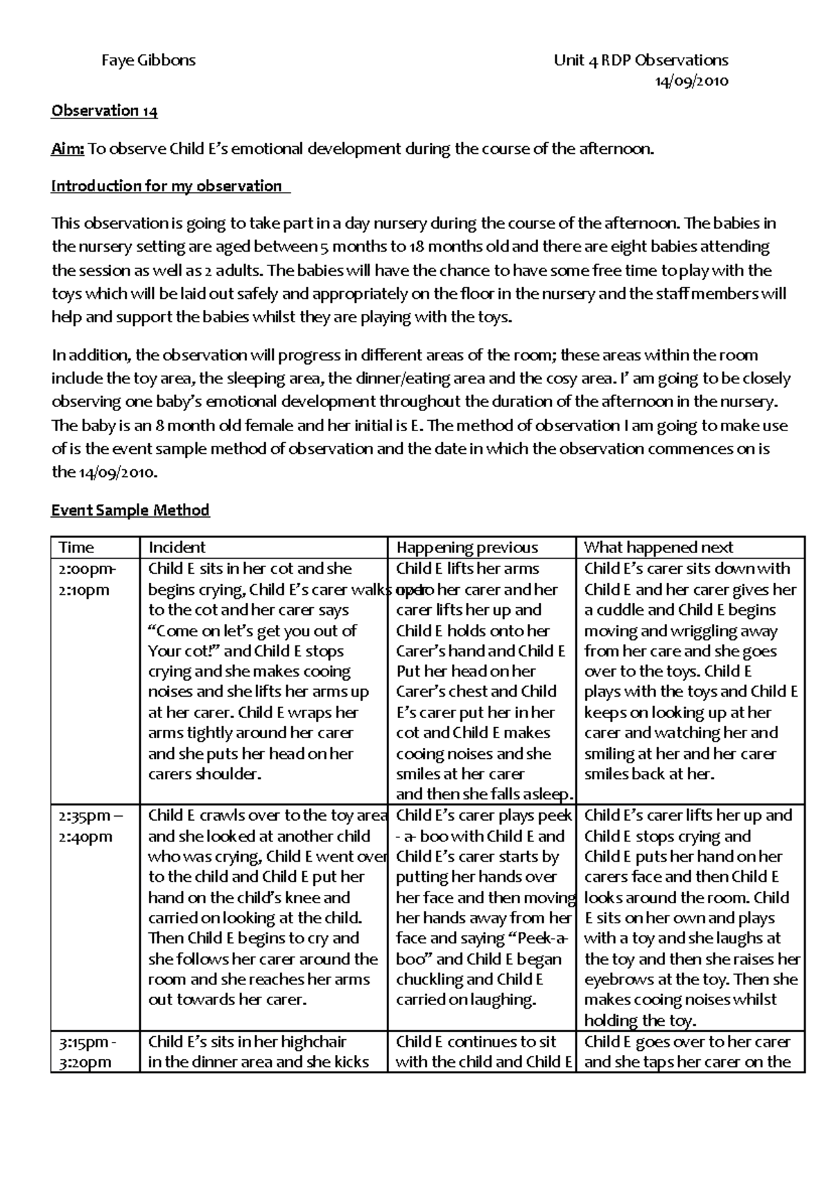 Observation 14 Essay 14 09 Observation 14 Aim To Observe Child E