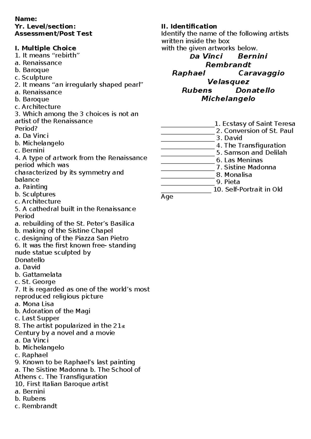 Quiz arts - documents - Name: Yr. Level/section: Assessment/Post Test I ...