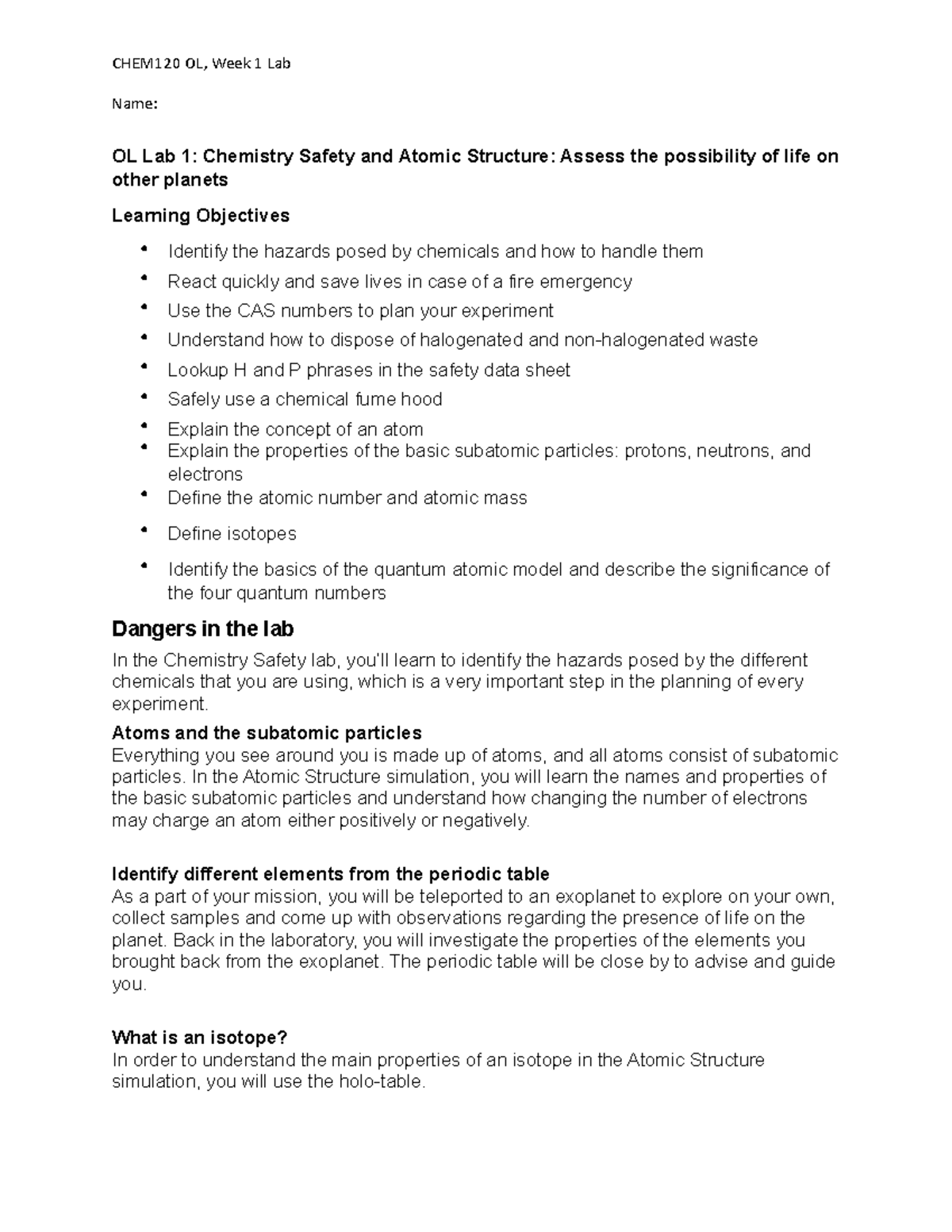Week 1 Lab-Chemistry Safety and Atomic Structure Assess the possibility ...