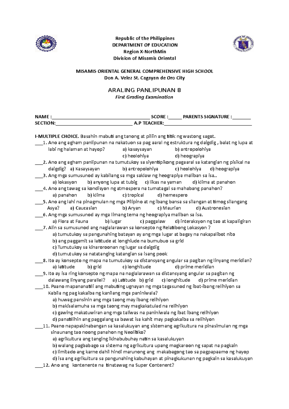 AP8 1st Grading Exam - evaluation - Republic of the Philippines ...