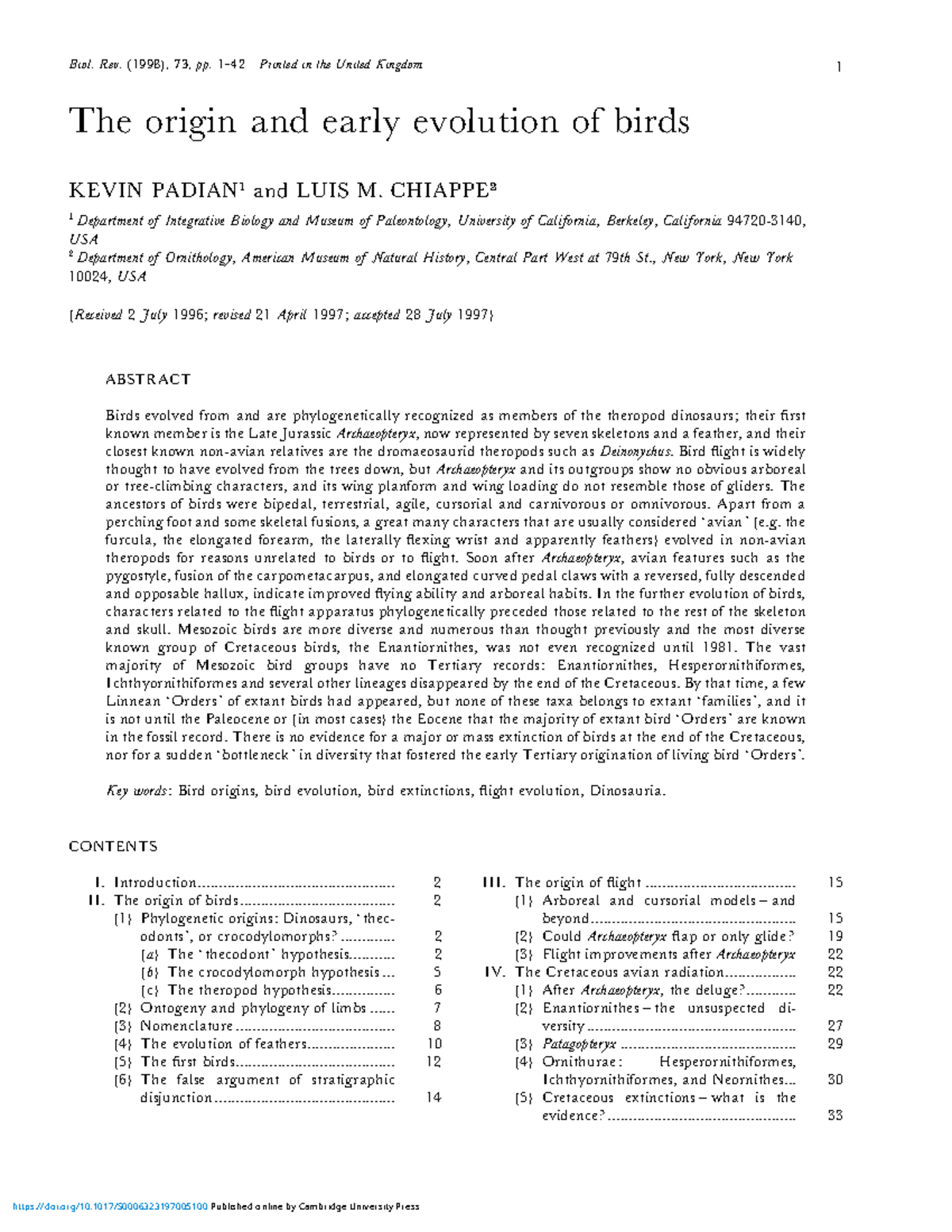 The origin and early evolution of birds - Biol. Rev. (1998), 73 , pp. 1 ...