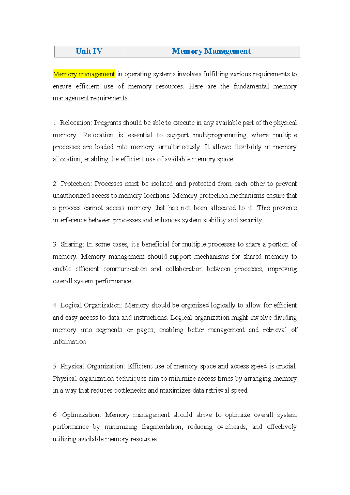 Unit IV in detail - AIDS 2019 syllabus sppu subject OS (unit 4) - Memory management in operating ...