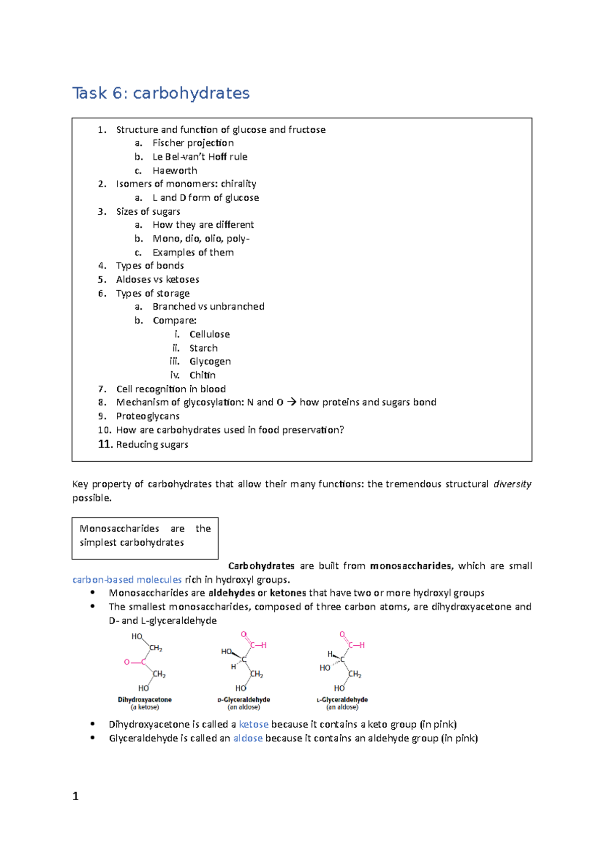 Task 6 Carbohydrates - Task 6: carbohydrates Key property of ...