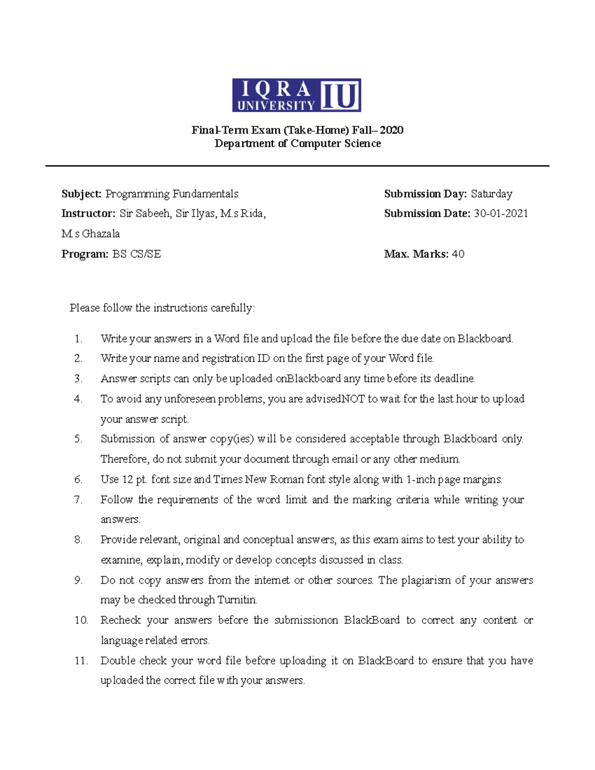 PF Lab Final Paper Complete - Final-Term Exam (Take-Home) Fall– 2020 Department of Computer ...