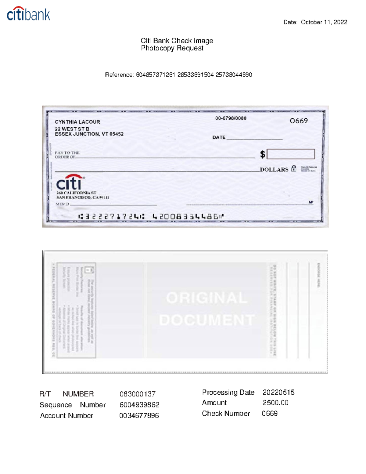 Cynthia Lacour CITY ONE - Citi Bank Check image Amount 2500. - Date ...