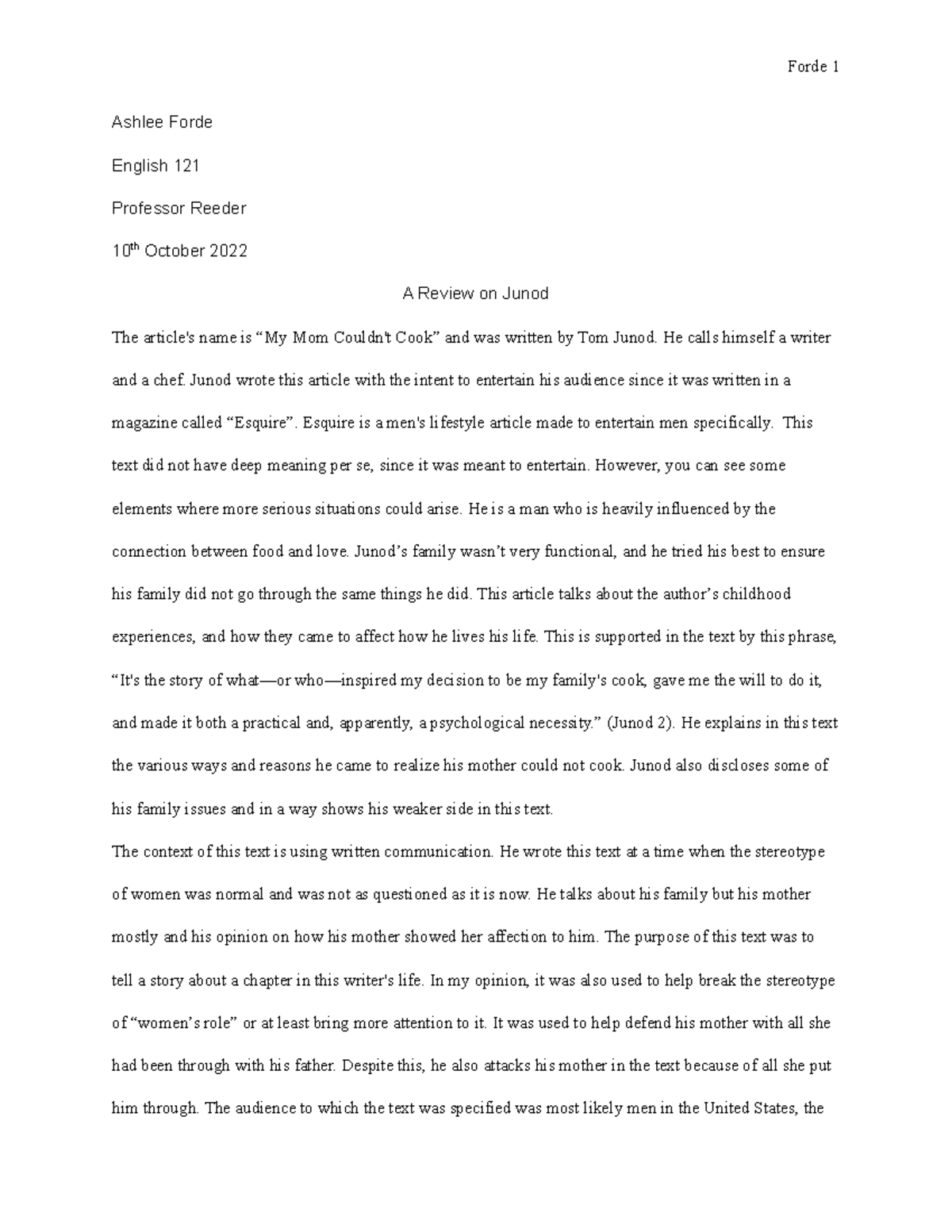 College Composition-8 - Forde 1 Ashlee Forde English 121 Professor ...