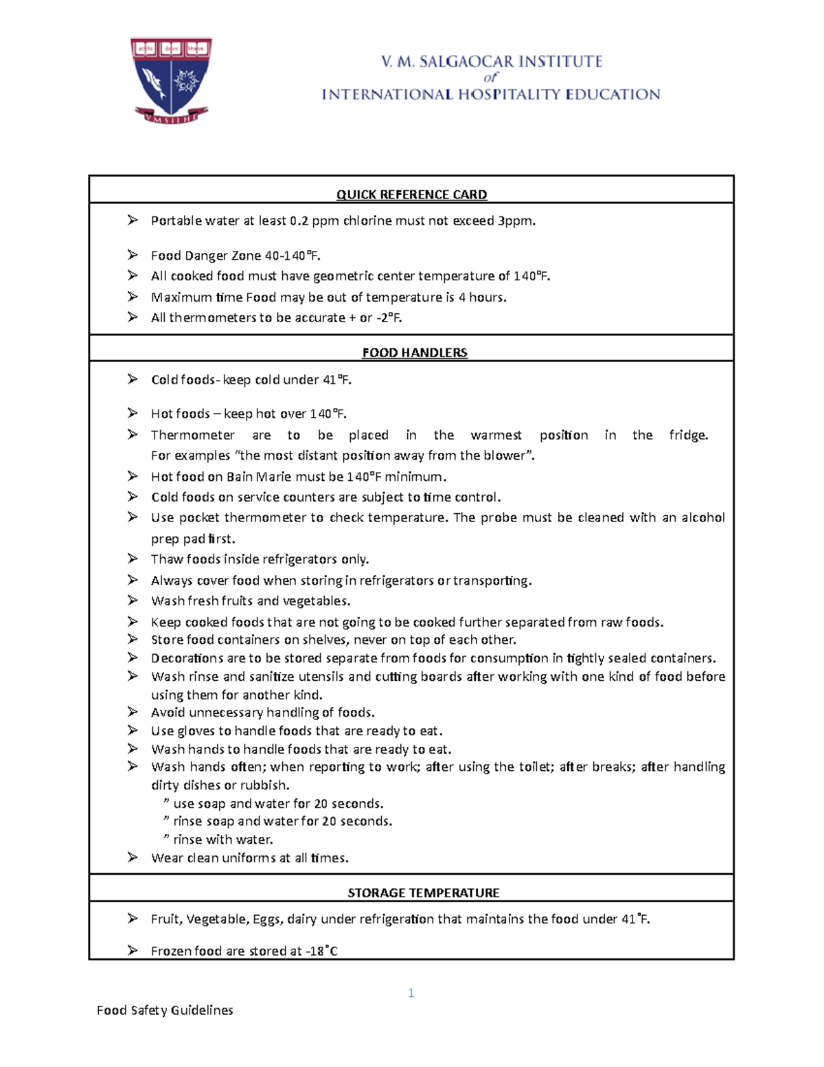 13 Food Safety Card - QUICK REFERENCE CARD Portable water at least 0 ...