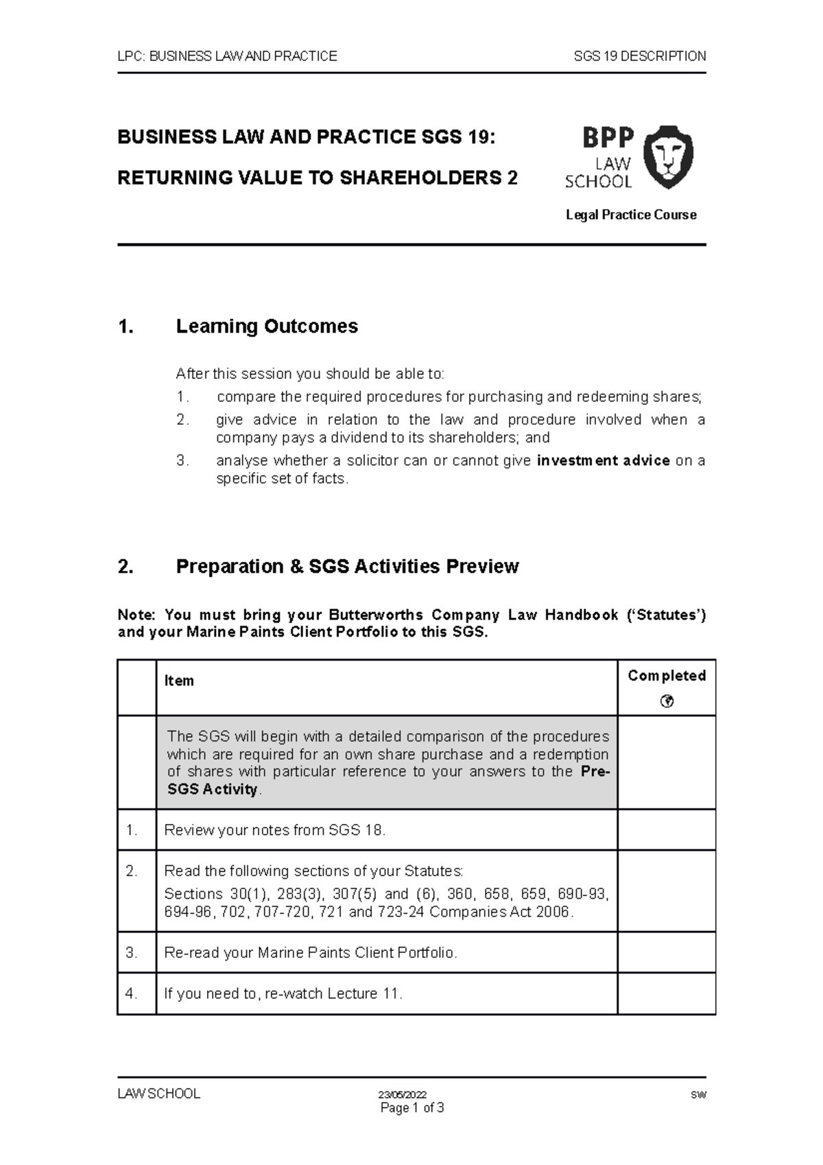 BLP SGS 19 Description 2022-23 - LPC: BUSINESS LAW AND PRACTICE SGS 19 ...