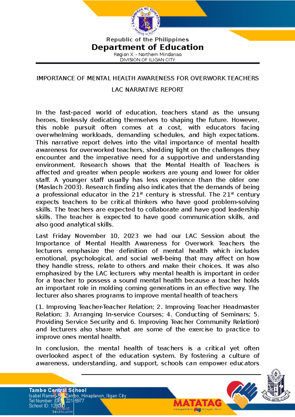 Mental Health Narrative Report - Republic of the Philippines Department ...