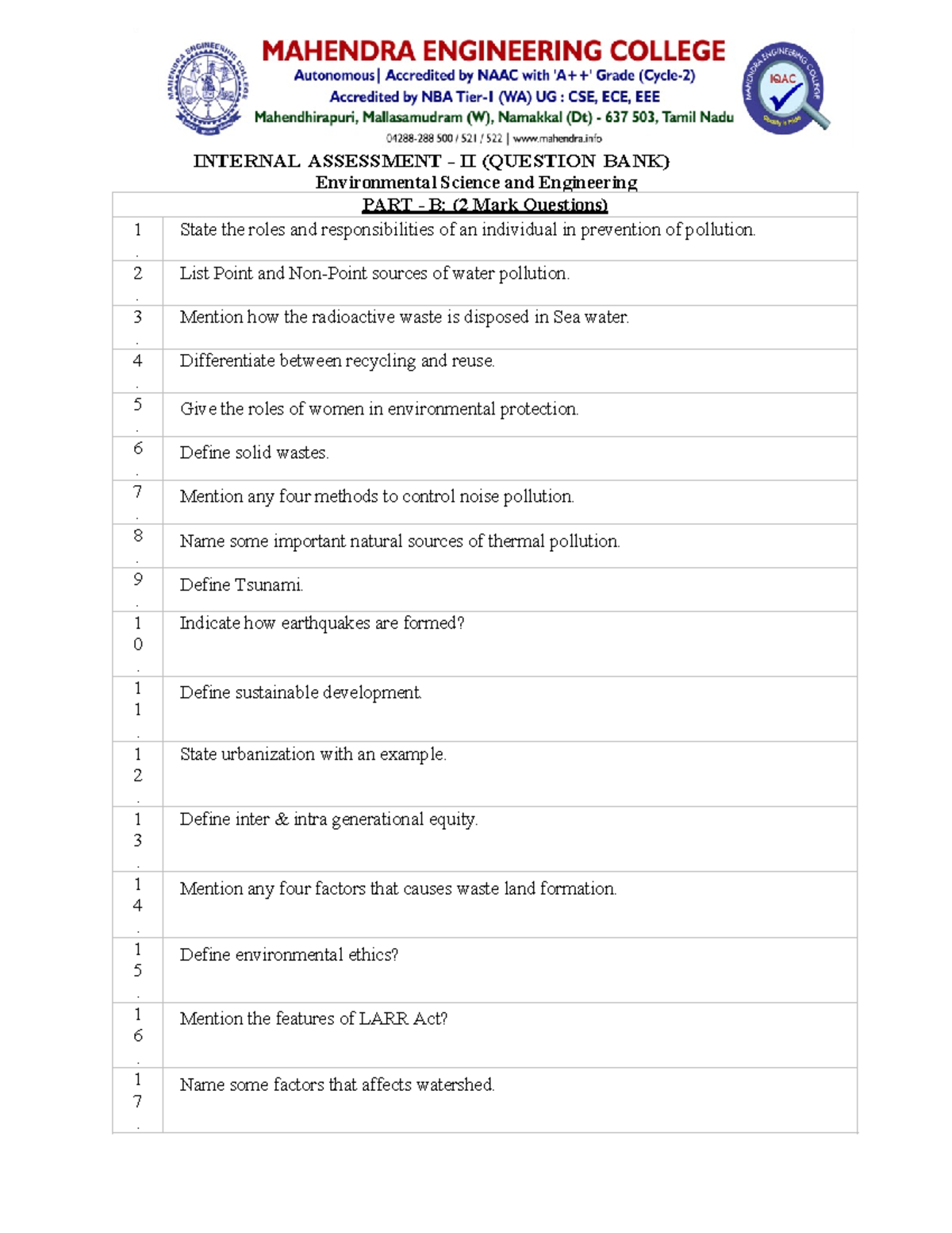 EVS Internal 2 QB - INTERNAL ASSESSMENT - II (QUESTION BANK ...