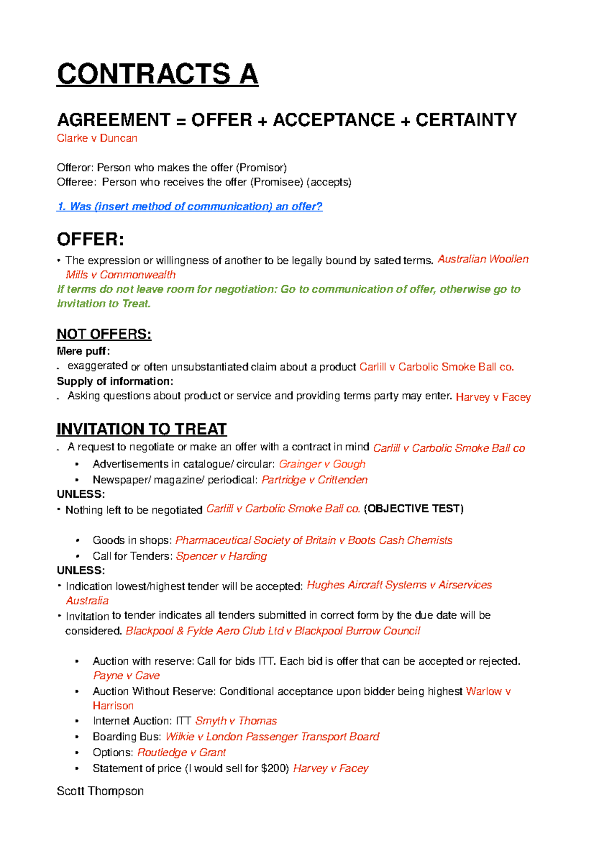 Contract Law 1 - Lecture notes 1-12 - CONTRACTS A AGREEMENT = OFFER ...