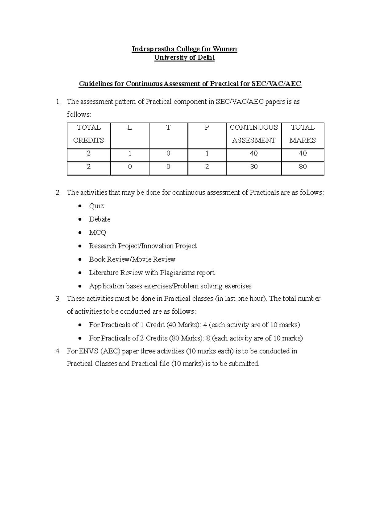 Guidlines for Continuous Assesment of Practicals for SEC VAC AEC - Indraprastha College for ...