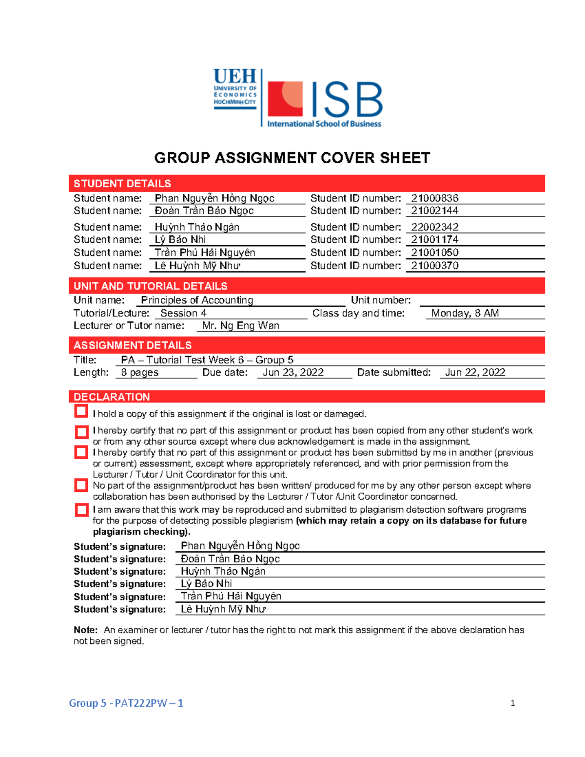Tutorial Test Week 6 Group No - GROUP ASSIGNMENT COVER SHEET STUDENT ...
