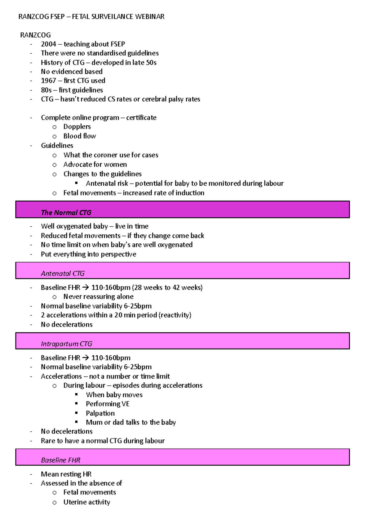 Ranzcog FSEP Notes on CTG - RANZCOG FSEP – FETAL SURVEILANCE WEBINAR ...