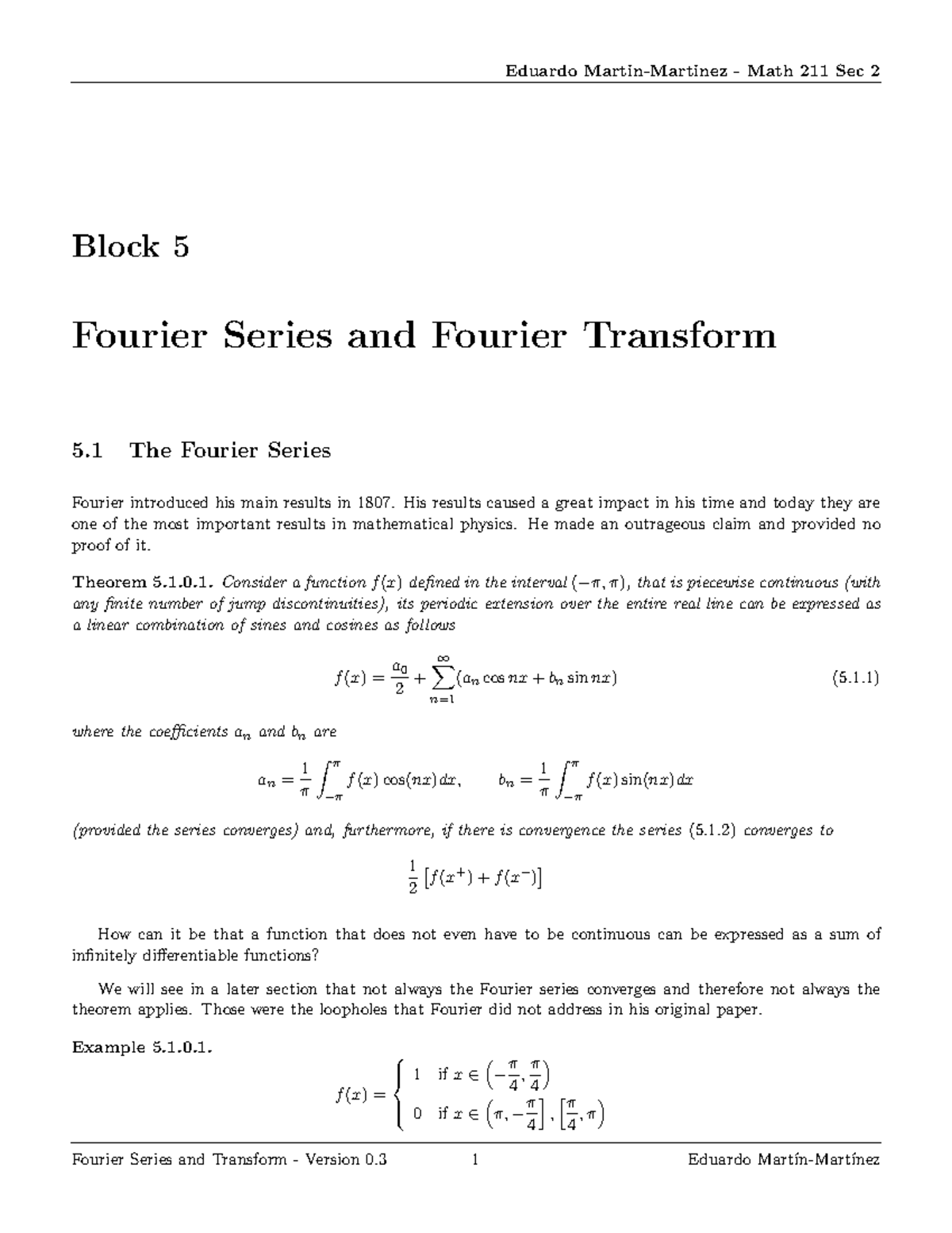 Fourier - Lecture notes - Eduardo Math 211 Sec 2 Block 5 Fourier Series ...