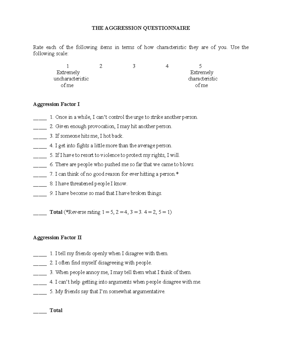 The Aggression Questionnaire - THE AGGRESSION QUESTIONNAIRE Rate each ...