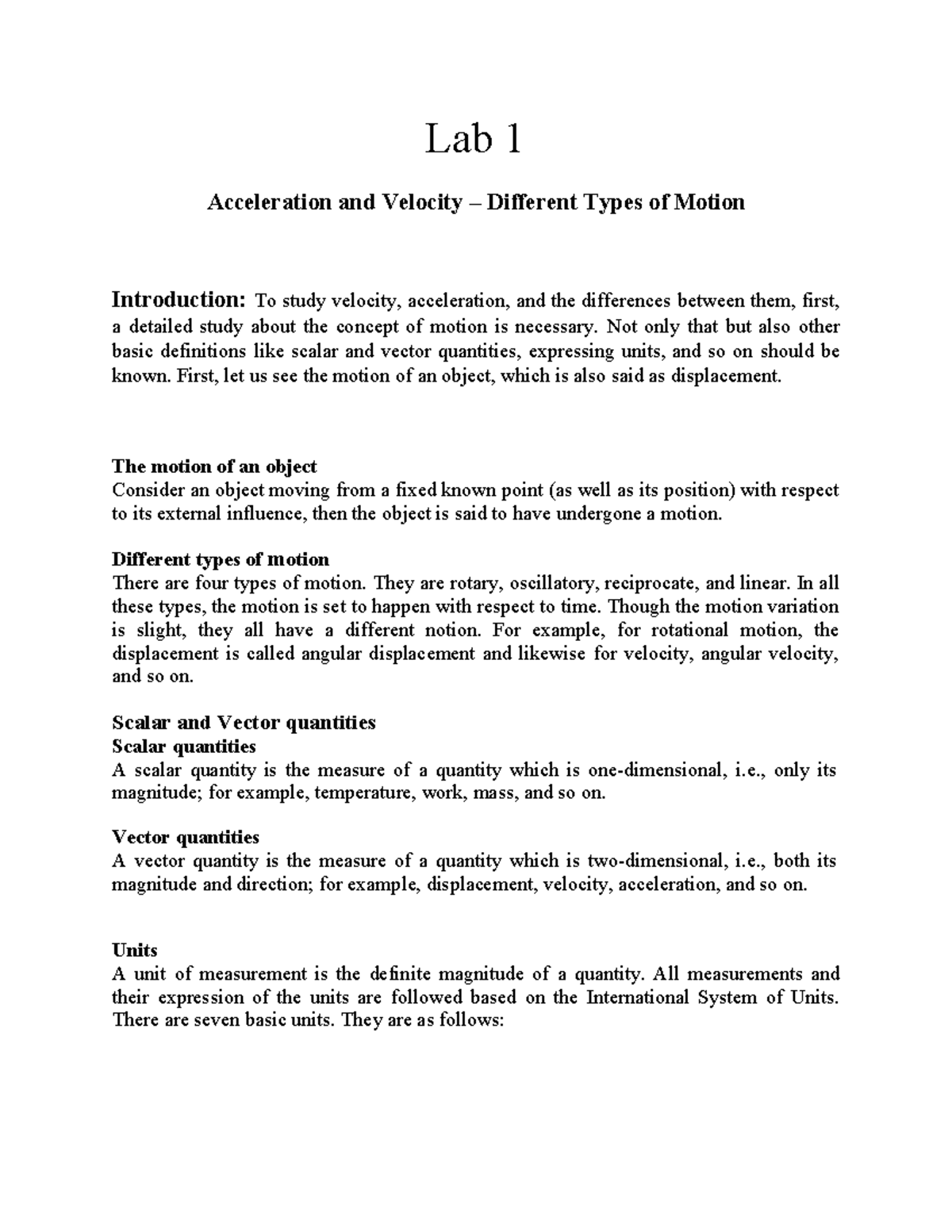 Week (Practical 1) - Lab 1 Acceleration and Velocity – Different Types ...