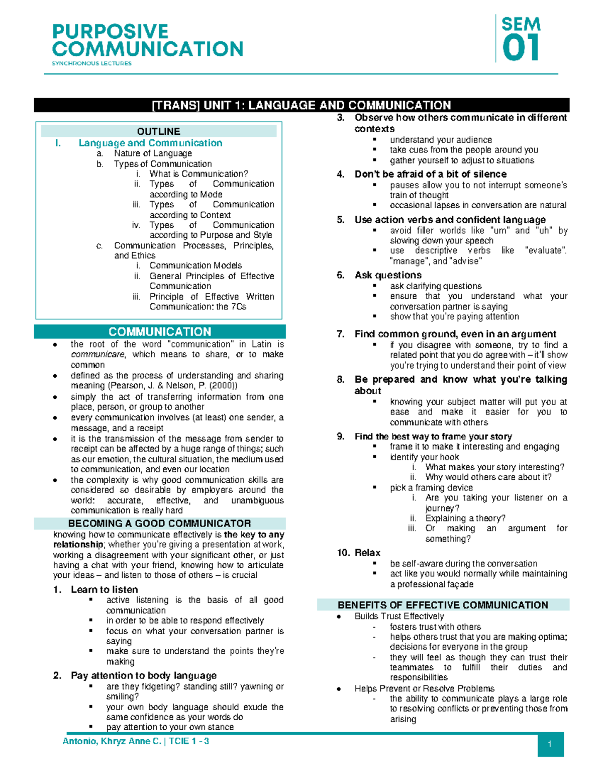 Purposive Communication - Transcription/Course Summary - English for ...