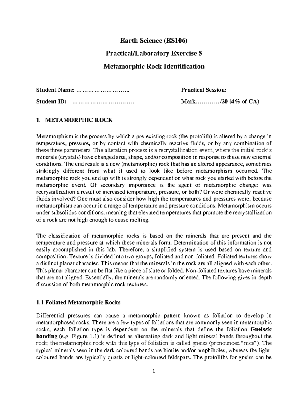 ES106 F Lab 5 Metamorphic rocks 2024 - Earth Science (ES106) Practical ...