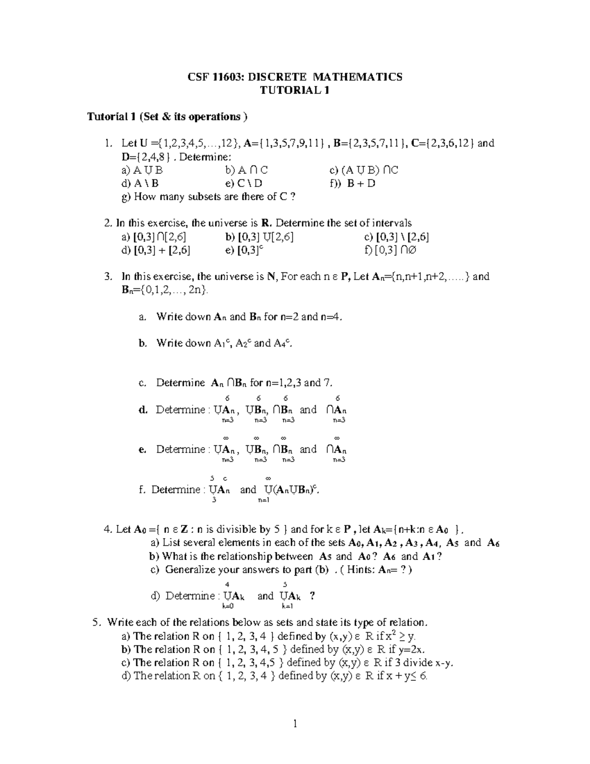 Tuto 1 - tutor - 1 CSF 11603: DISCRETE MATHEMATICS TUTORIAL 1 Tutorial ...