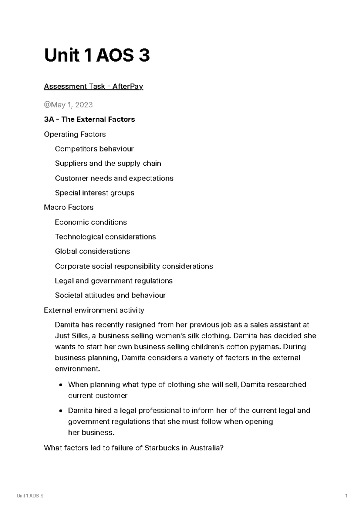 Unit 1 AOS 3 - BM - Unit 1 AOS 3 Assessment Task AfterPay 3A The ...