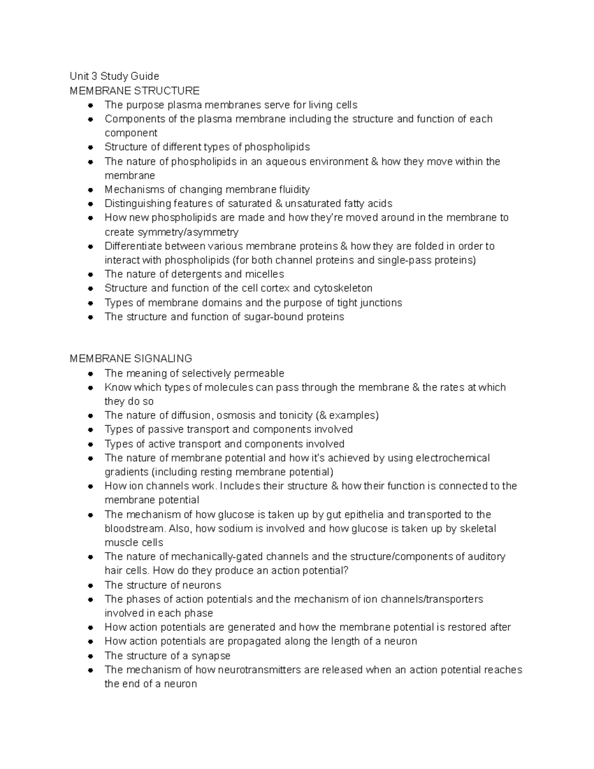 Unit 3 Study Guide - Unit 3 Study Guide MEMBRANE STRUCTURE The purpose ...