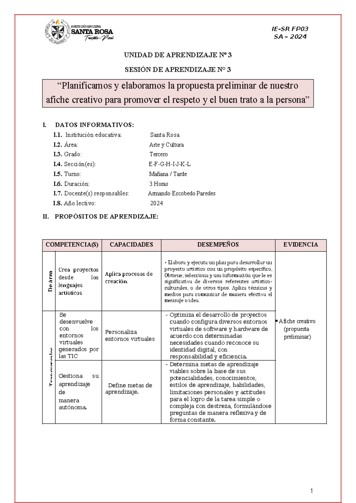 3º Sesión DE Aprendizaje N° 03 - SA – 2024 UNIDAD DE APRENDIZAJE Nº 3 SESIÓN DE APRENDIZAJE N° 3 ...