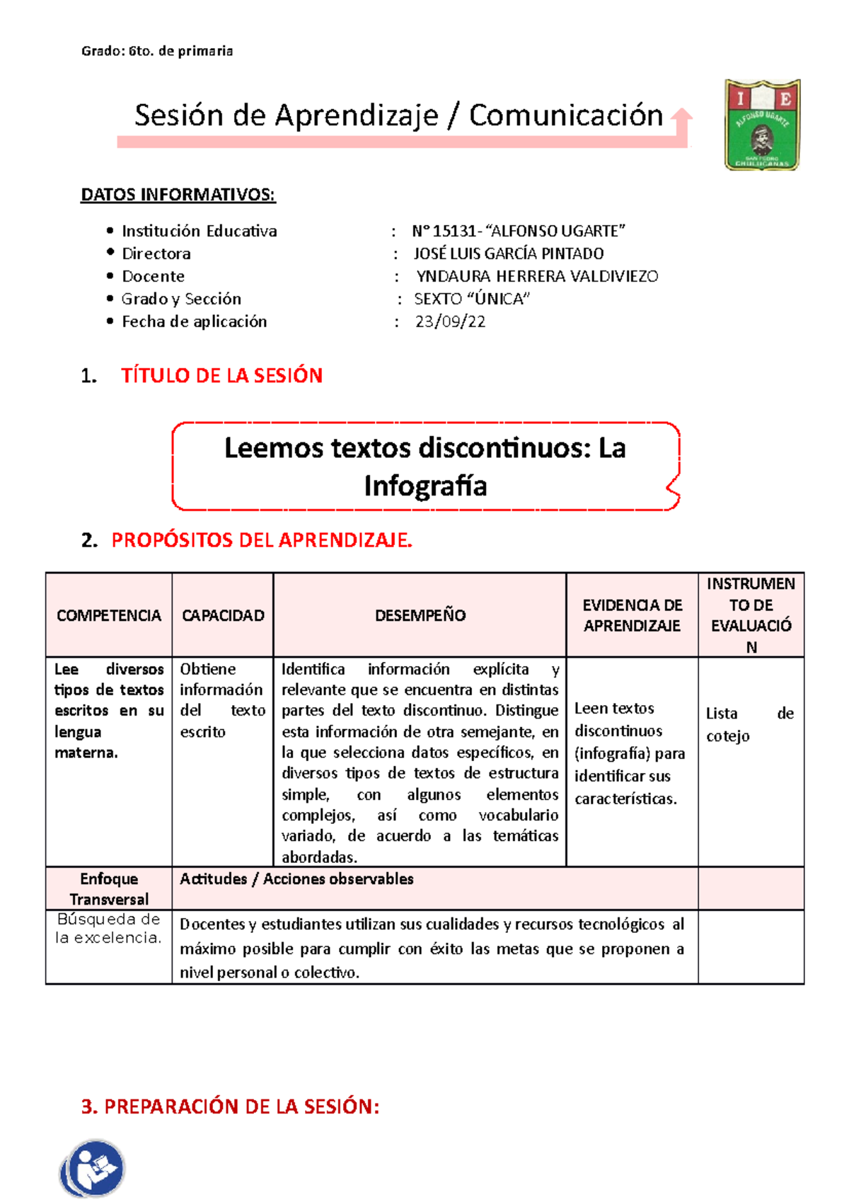 -Leemos Una-Infografia - ####### DATOS INFORMATIVOS: Institución Educativa : N° 15131- “ALFONSO ...