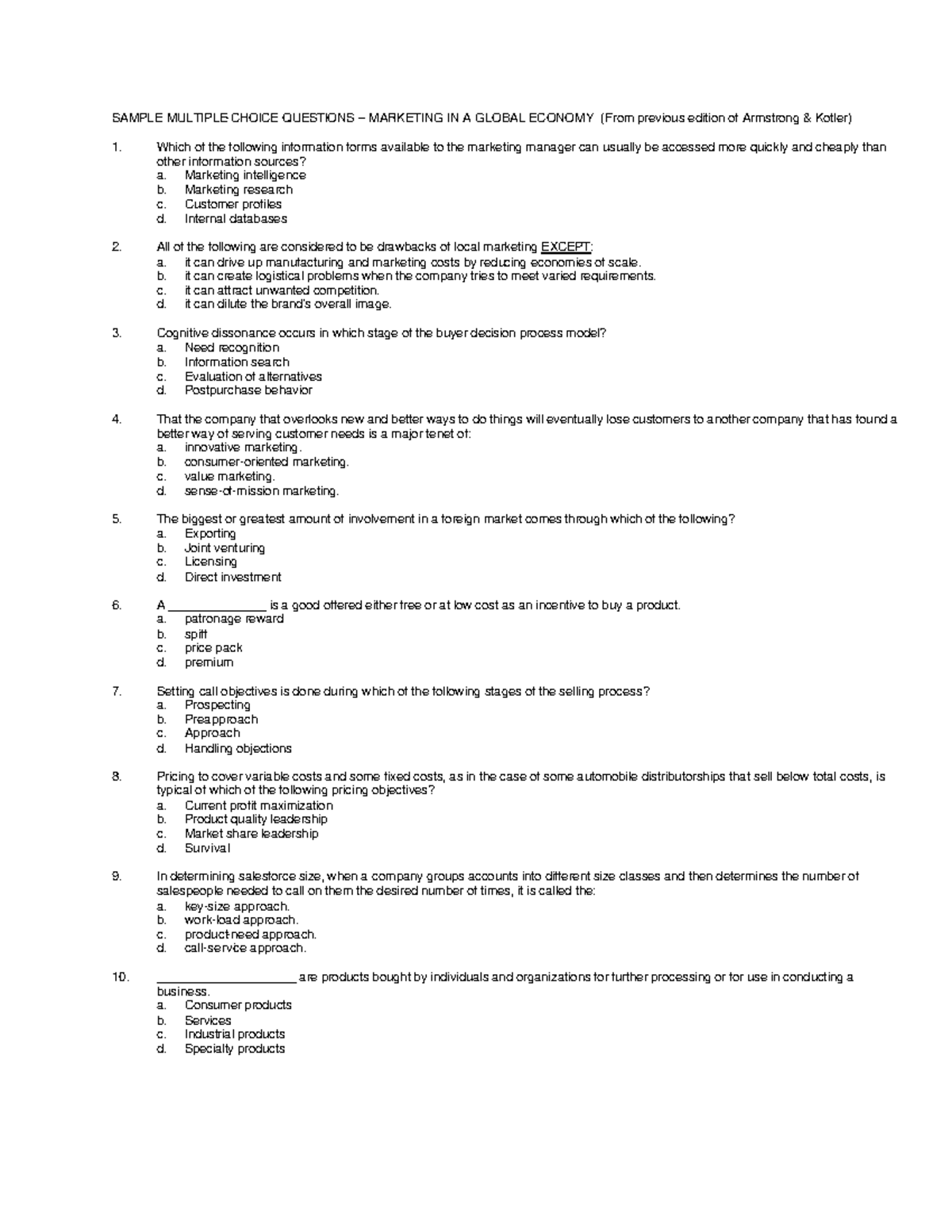 MKTQs w Answers - SAMPLE MULTIPLE- CHOICE QUESTIONS – MARKETING IN A ...