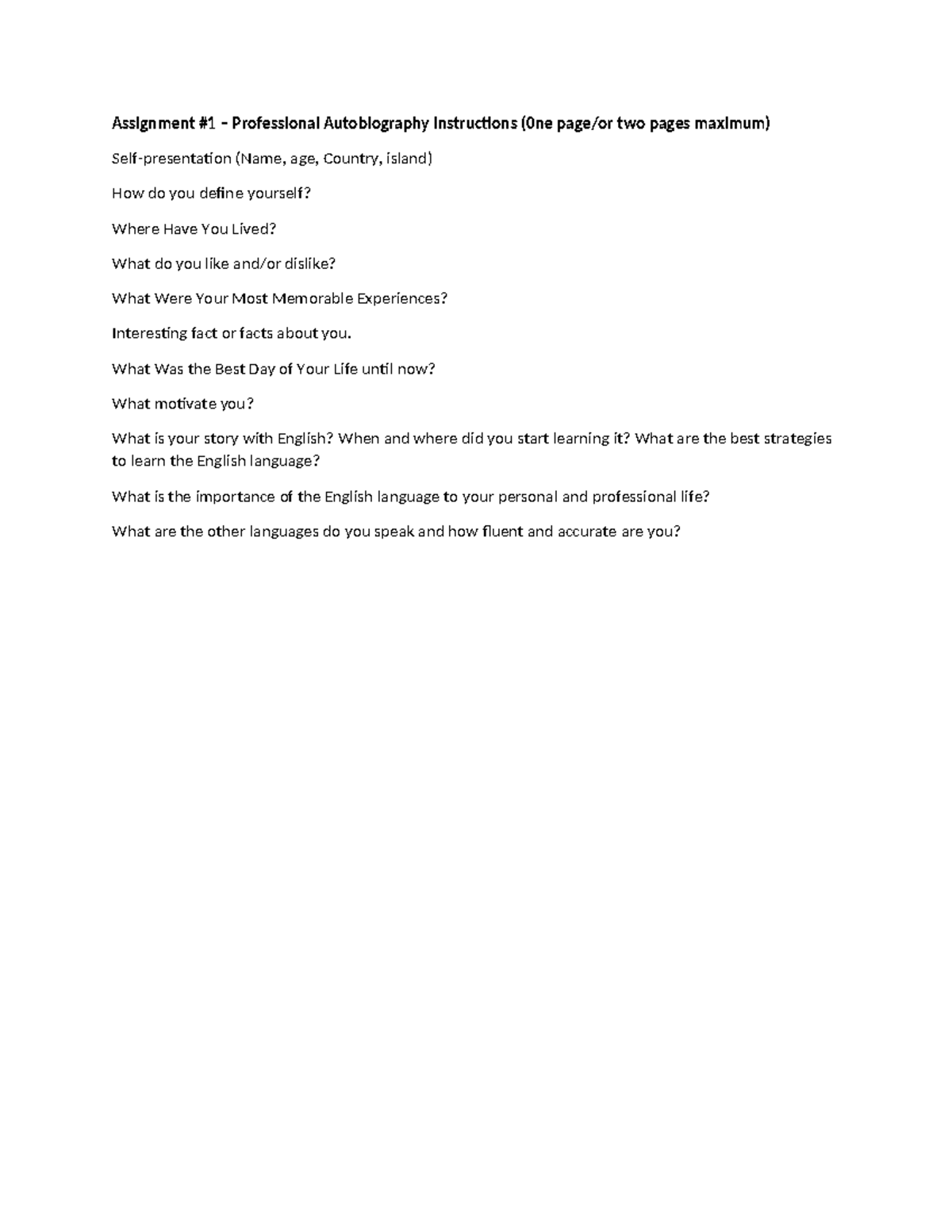 My Autobiography Prompts - Assignment #1 – Professional Autobiography ...