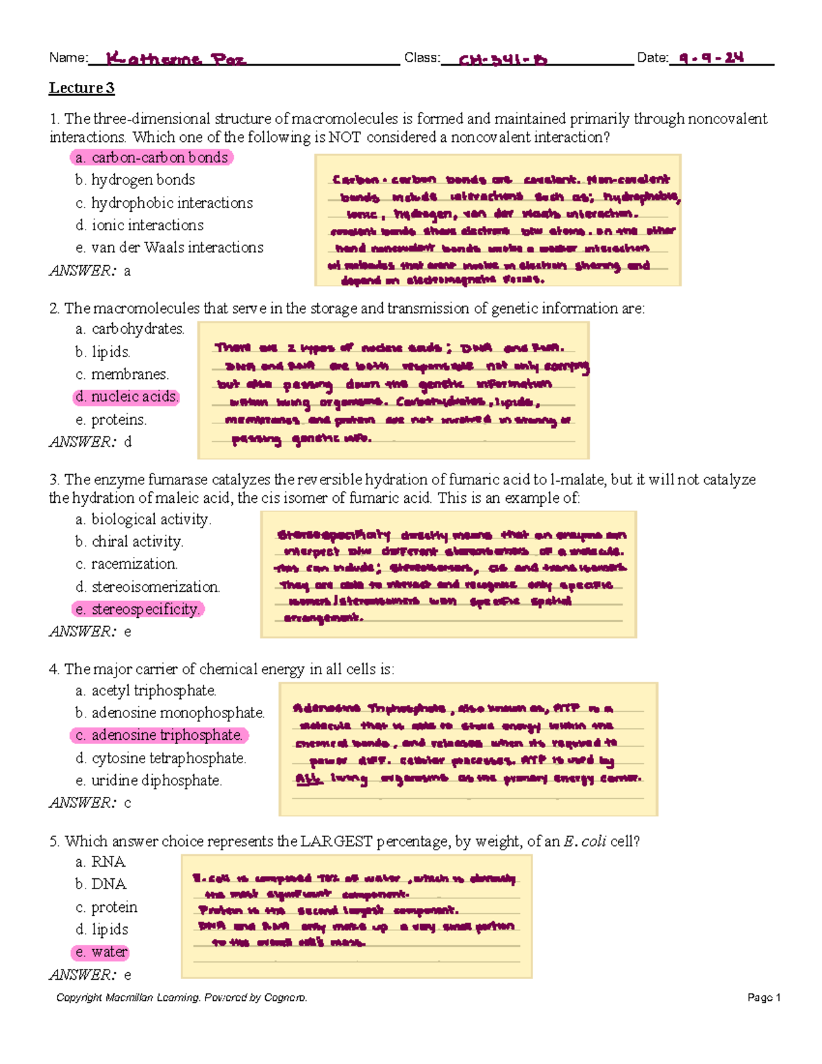 Biochem Homework 3 - Name: Class: Date: Lecture 3 Copyright Macmillan ...
