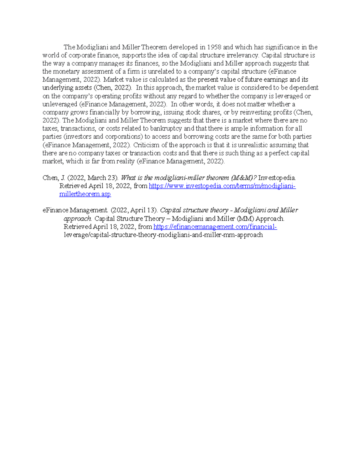 Module 5 Discussion - The Modigliani and Miller Theorem developed in ...