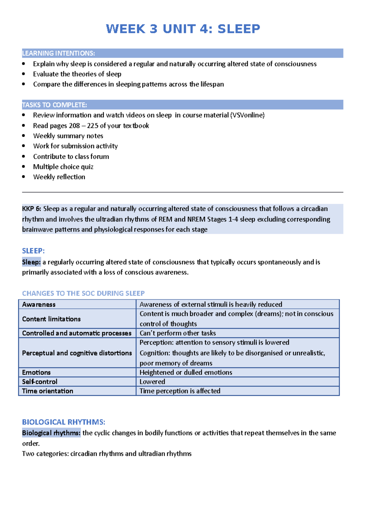 Week 3 Unit 4 Summary Notes - WEEK 3 UNIT 4: SLEEP LEARNING INTENTIONS ...