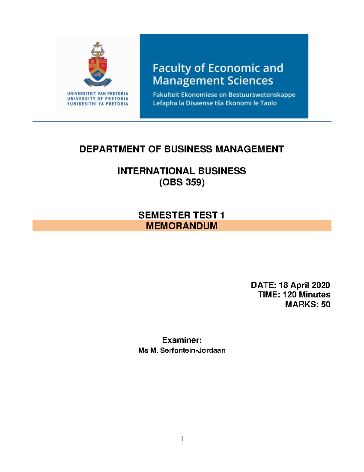 ST1 2020 Memo - Semester test 1 2020 - DEPARTMENT OF BUSINESS ...