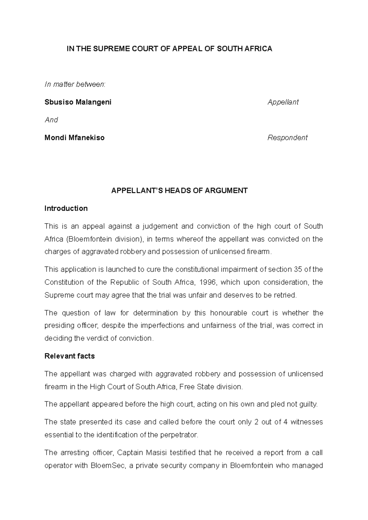 Heads of argument assignment - IN THE SUPREME COURT OF APPEAL OF SOUTH ...