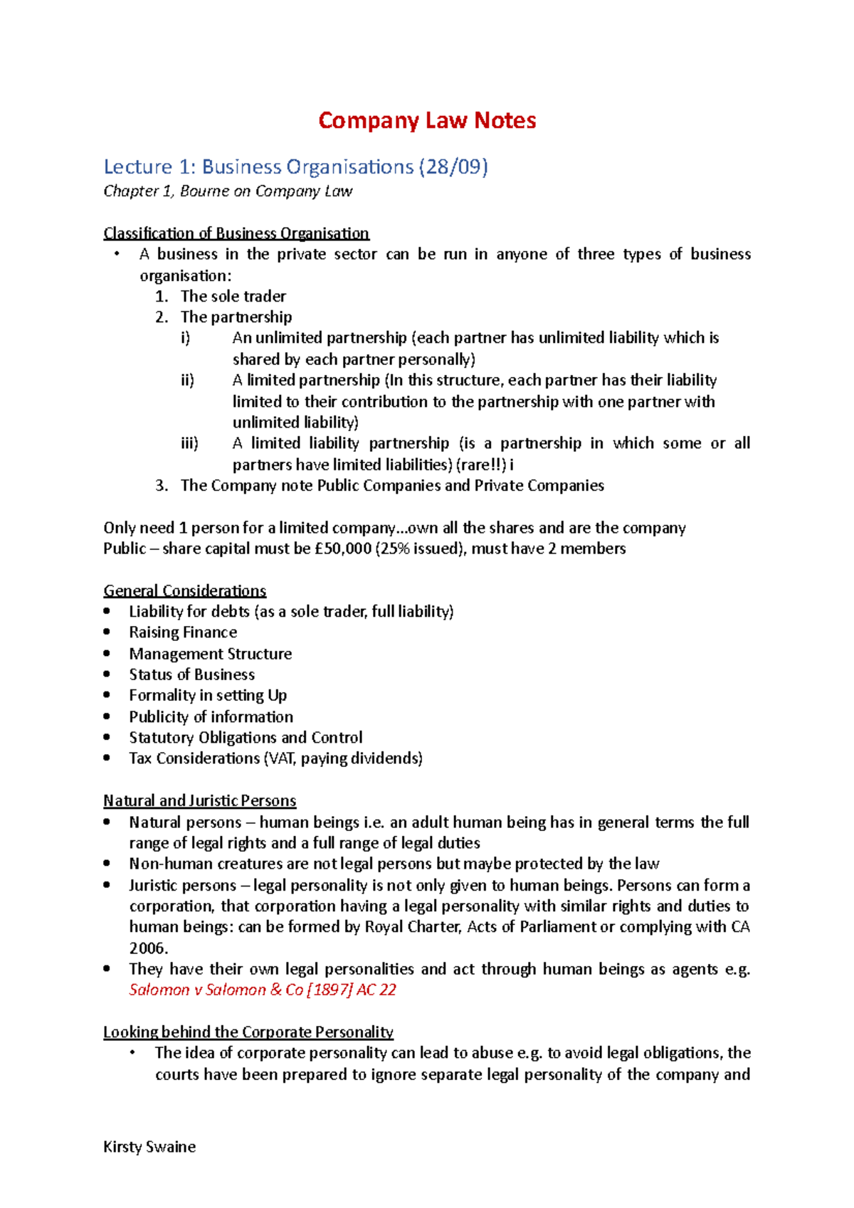 Company Law Notes 2020 - Company Law Notes Lecture 1: Business ...