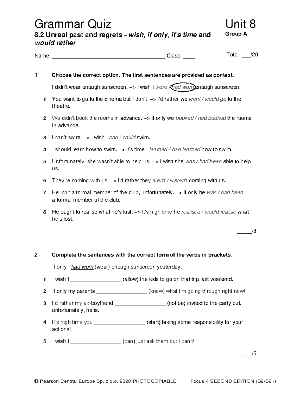 Focus 4 2E Grammar Quiz Unit8 2 Group A 1kol - Grammar Quiz Unit 8 8 ...
