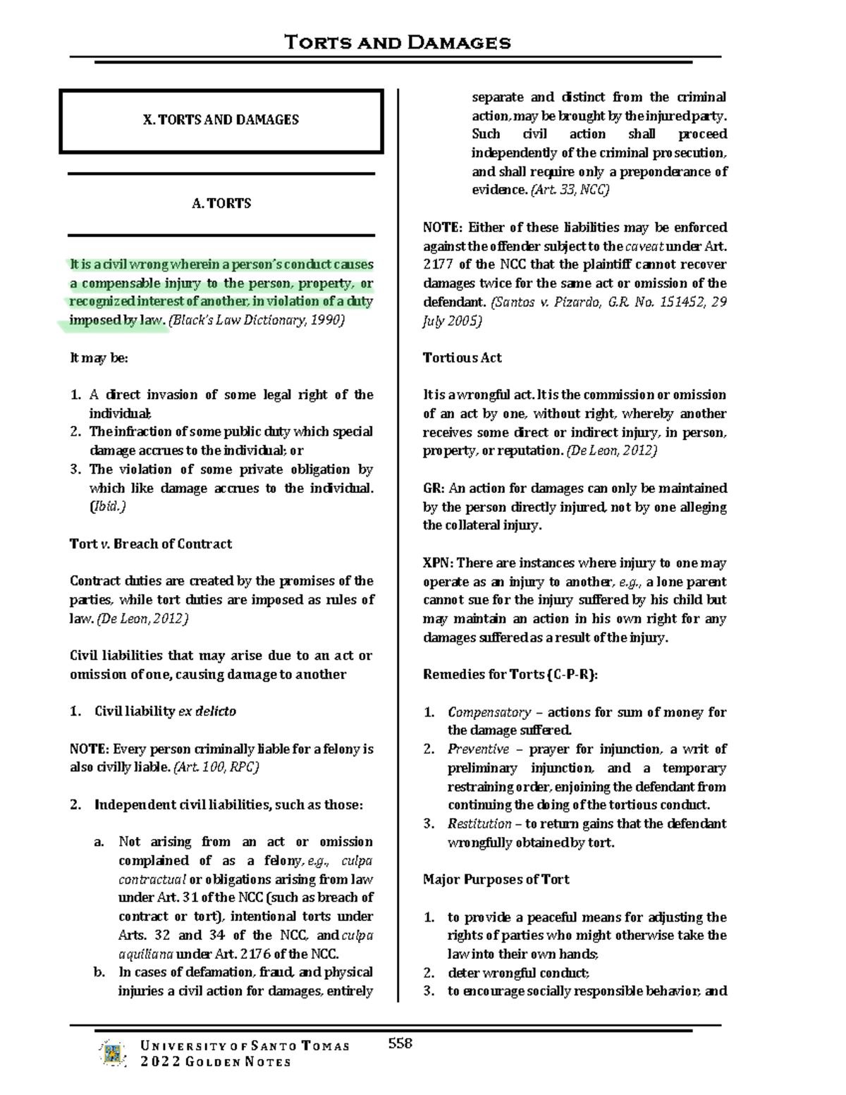 Torts and Damages Civil LAw - Torts and Damages U N I V E R S I T Y O F ...
