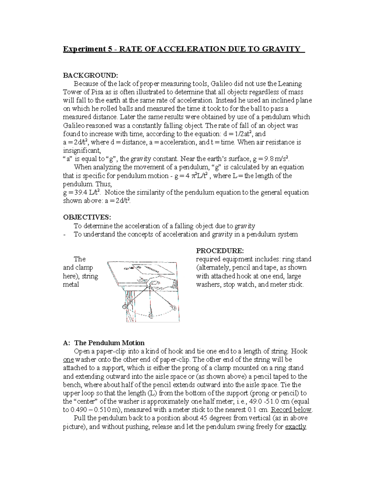 Experiment-Pendulum - Gravitational Acceleration - Experiment 5 - RATE ...