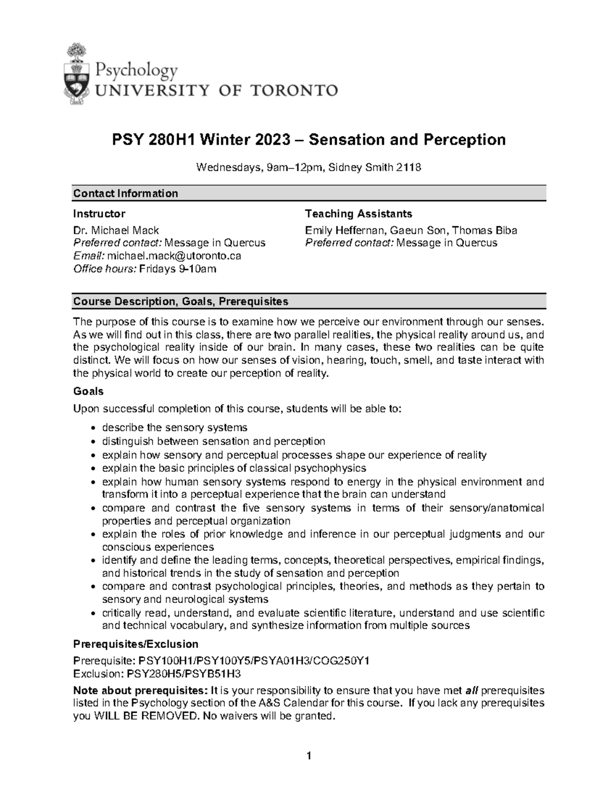 Syllabus PSY280H1 Winter 2023 - PSY 280H1 Winter 2023 – Sensation and Perception Wednesdays ...