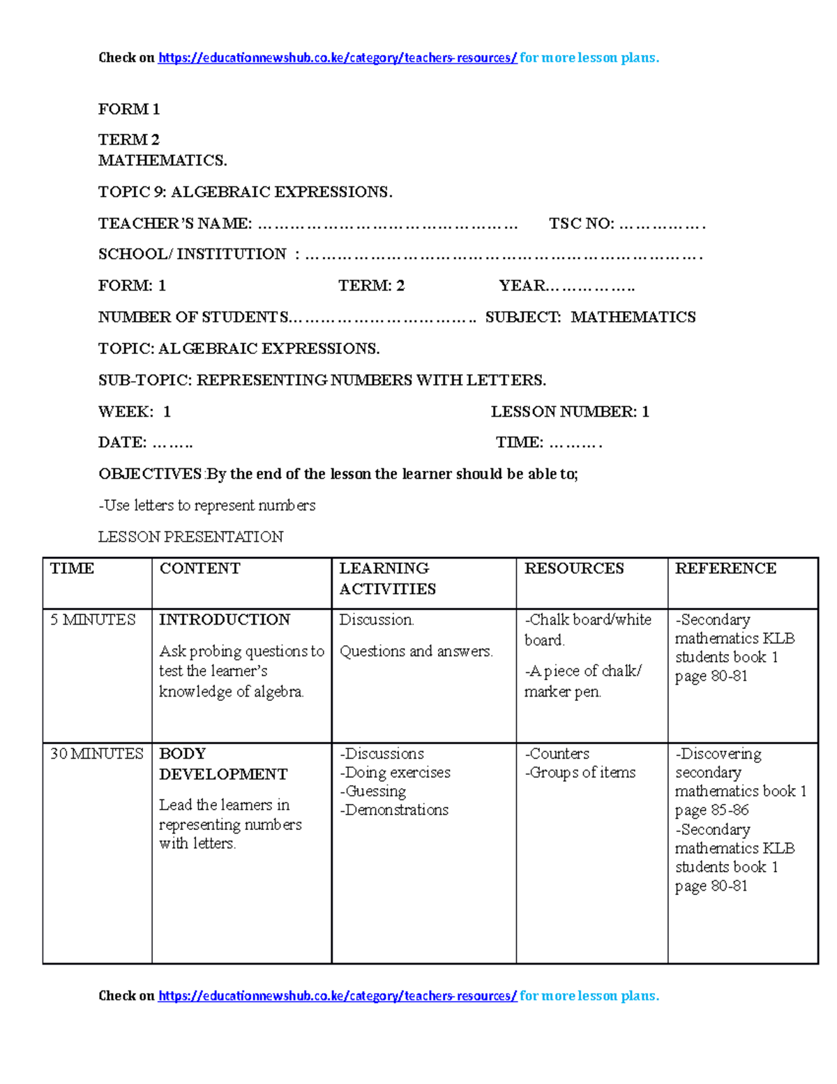 Mathematics Free Lesson Plans - FORM 1 TERM 2 MATHEMATICS. TOPIC 9 ...