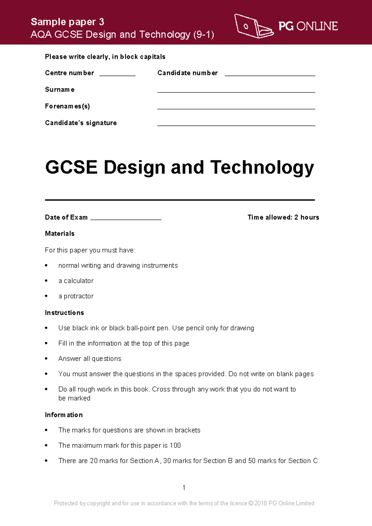 8552 Sample paper 3 - AQA GCSE Design and Technology (9-1) Please write ...