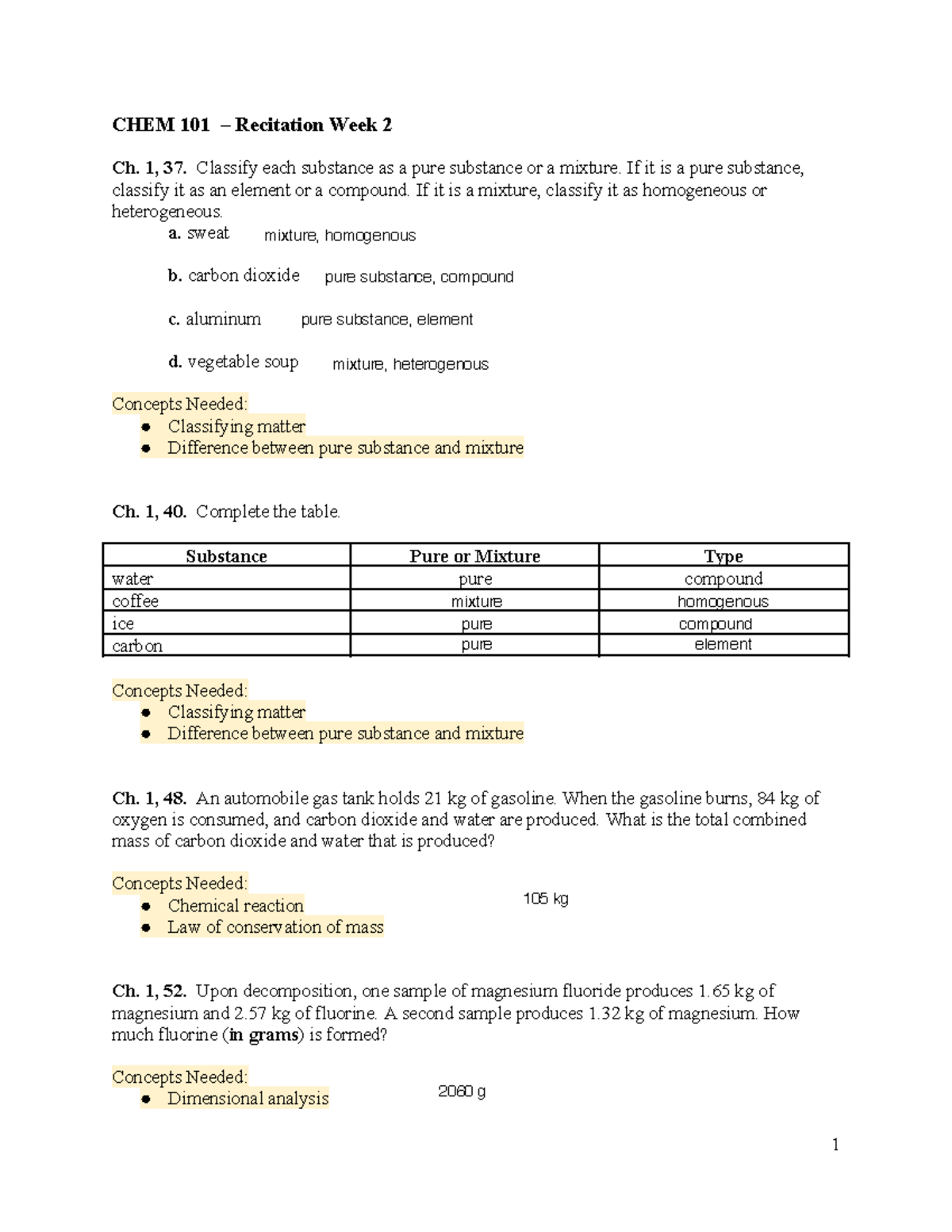 CHEM 101 Recitation Week 2 - CHEM 101 – Recitation Week 2 Ch. 1, 37 ...