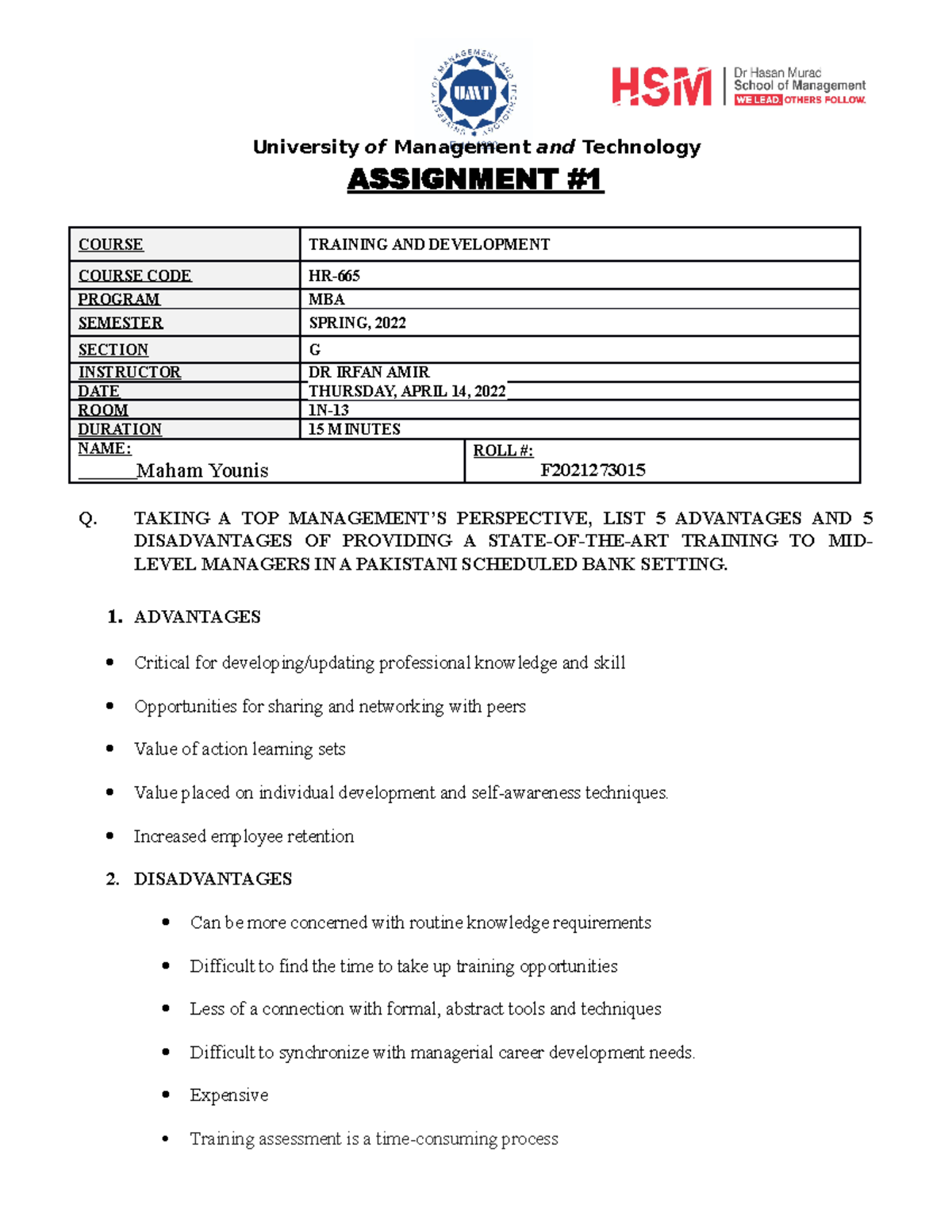 Assignment #1- Training NEED Assessment - University of Management and ...